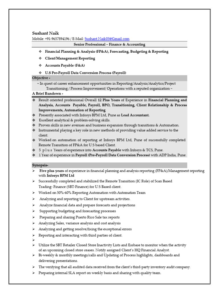 Sushant Naik CV FP&a F&a-1-1 | PDF | Financial Analyst | Business