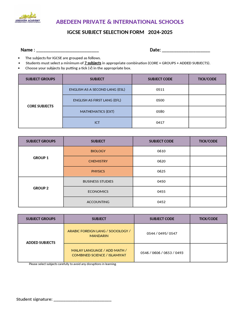 Igcse Subject Selection Form Ready | PDF
