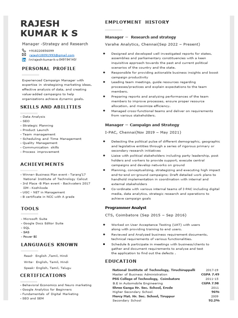 Rajesh Kumar K S - Manager - Resume-3 | PDF | Analytics | Business