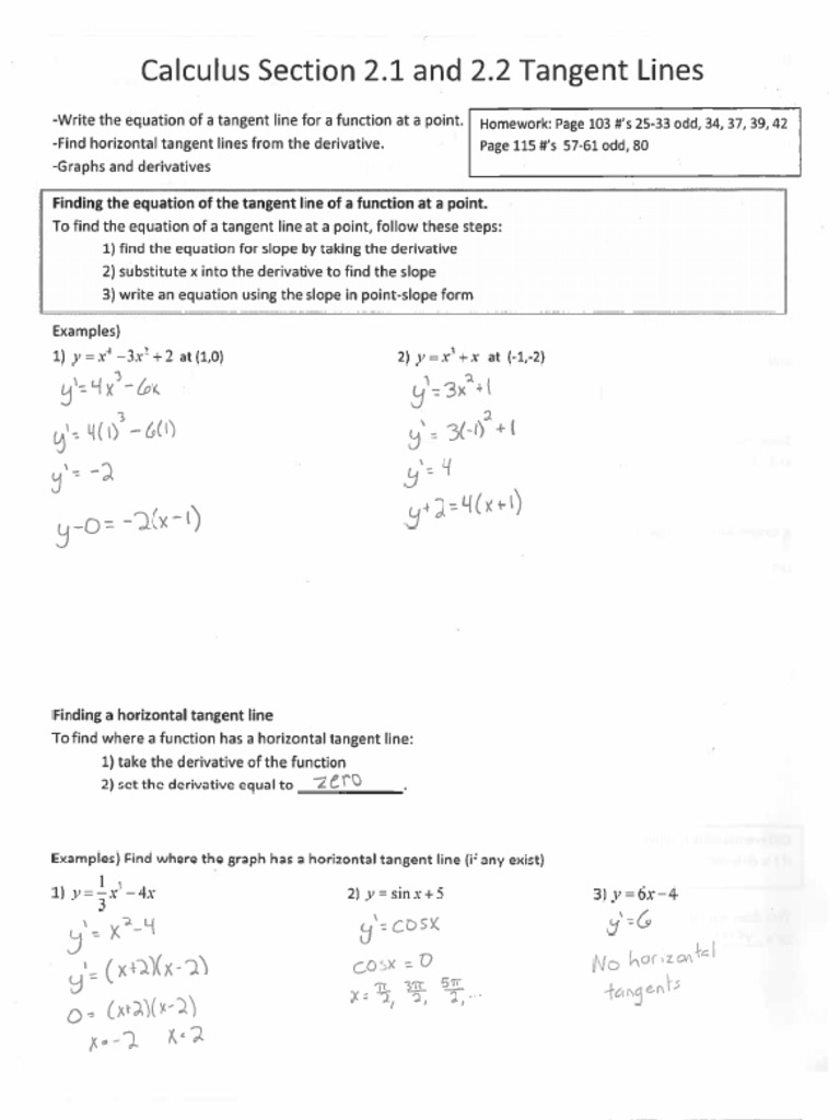 2.1 and 2.2 Writing Tangent Lines and Finding Horizontals Notes | PDF