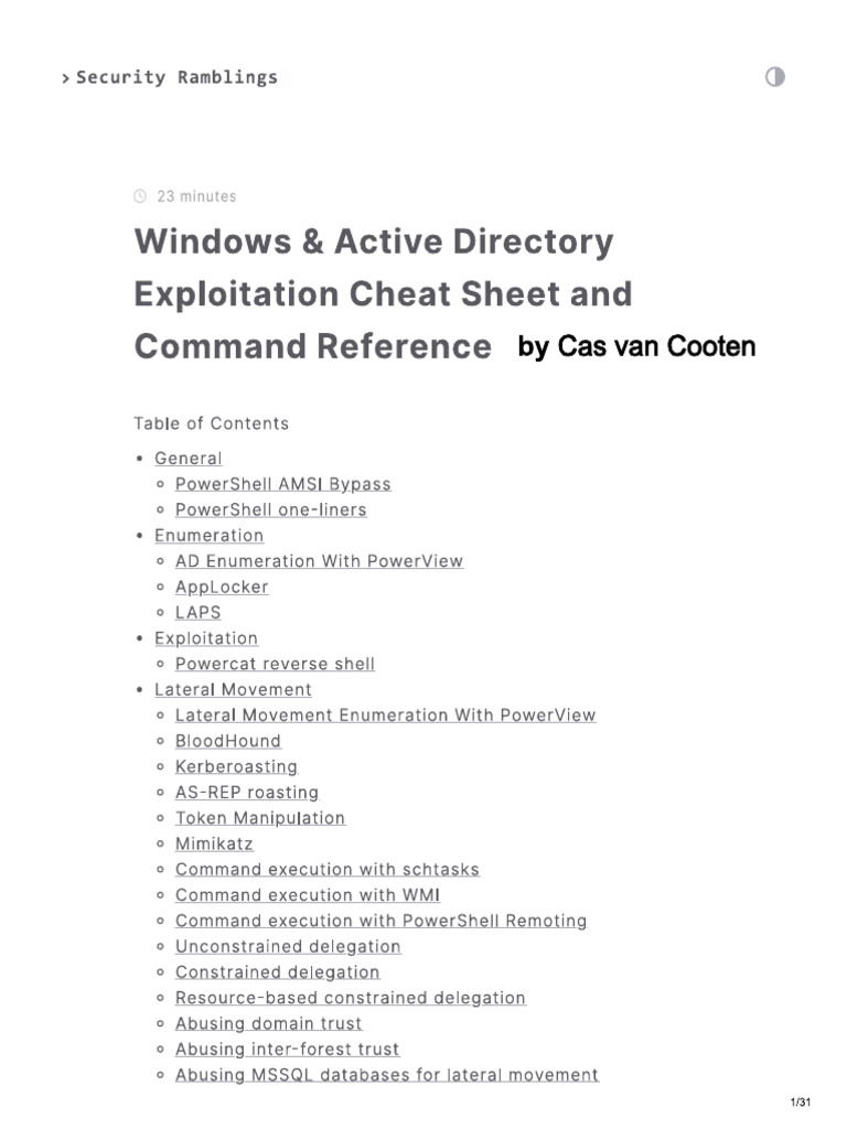 Windows & Active Directory Exploitation Cheats Sheet and Comand Reference | PDF