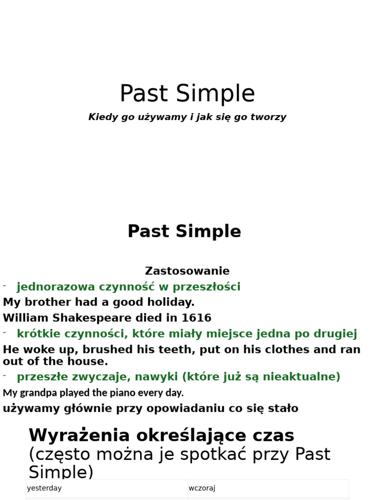 Past Simple Zastosowanie I Budowa | PDF