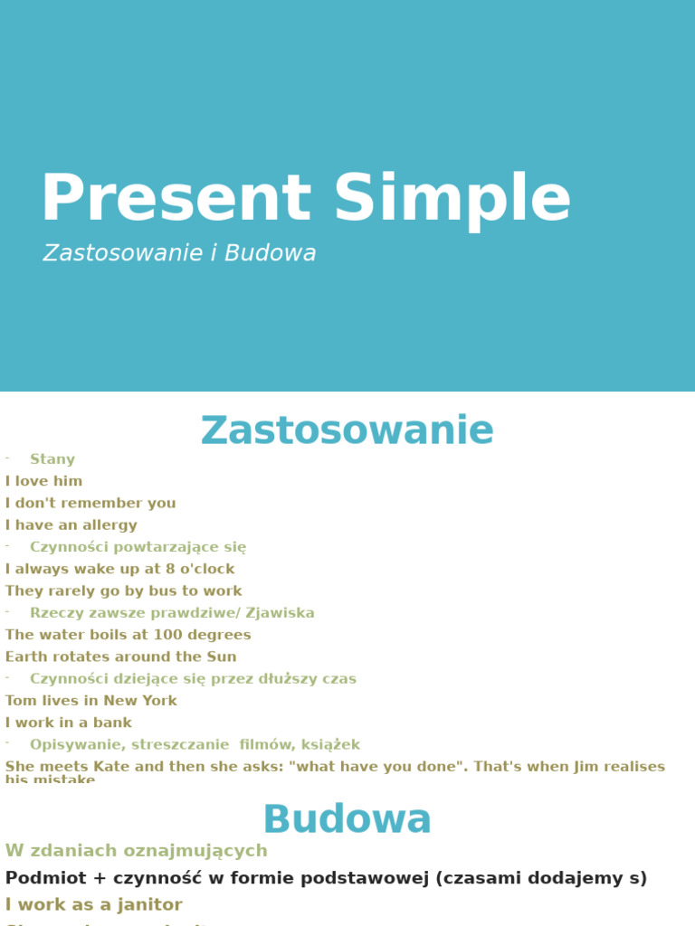 PRESENT SIMPLE, ZASTOSOWANIE I ZASADY | PDF