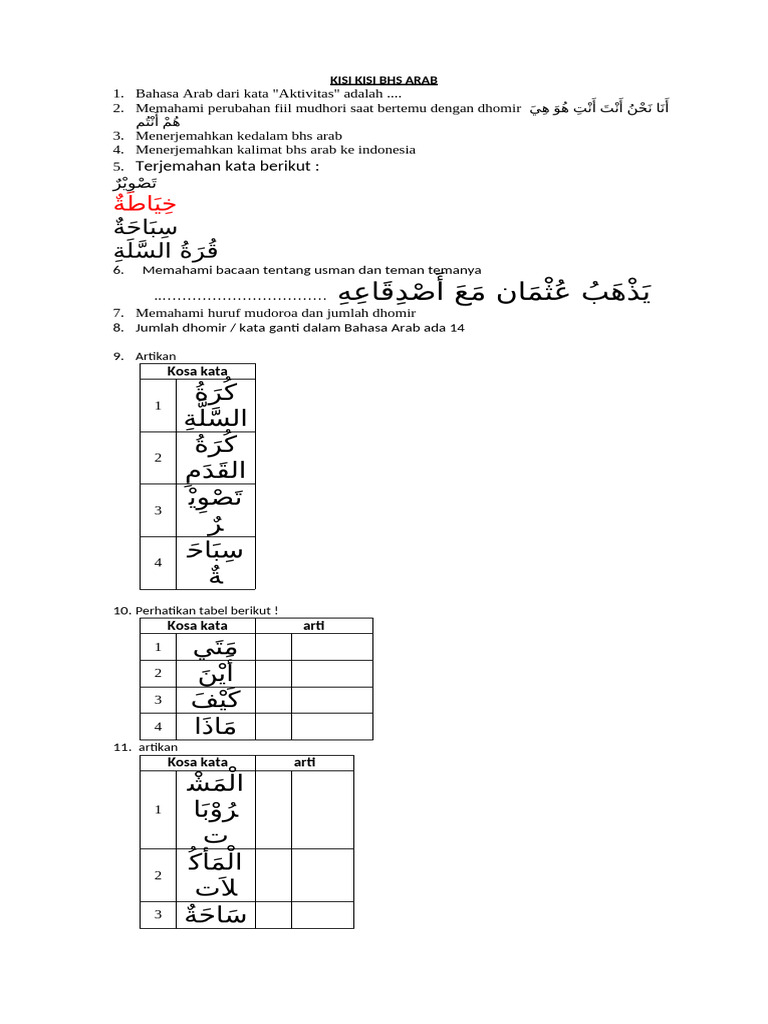 Kisi Kisi Bhs Arab Kelas IX | PDF