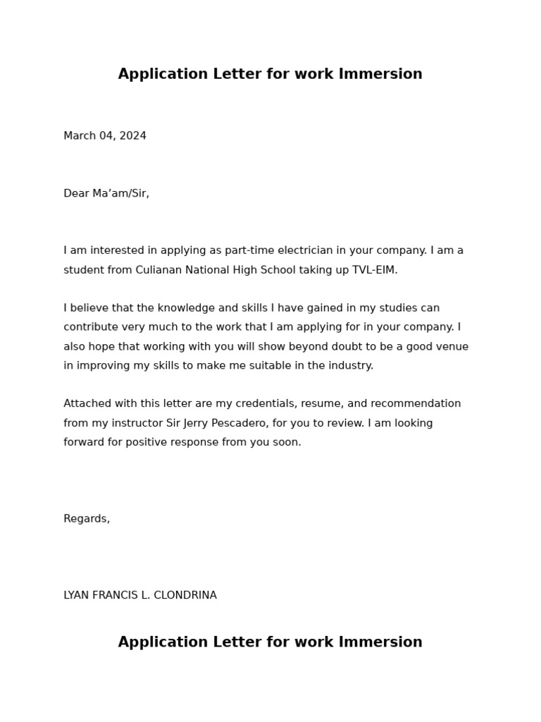 Application Letters for Work Immersion | PDF