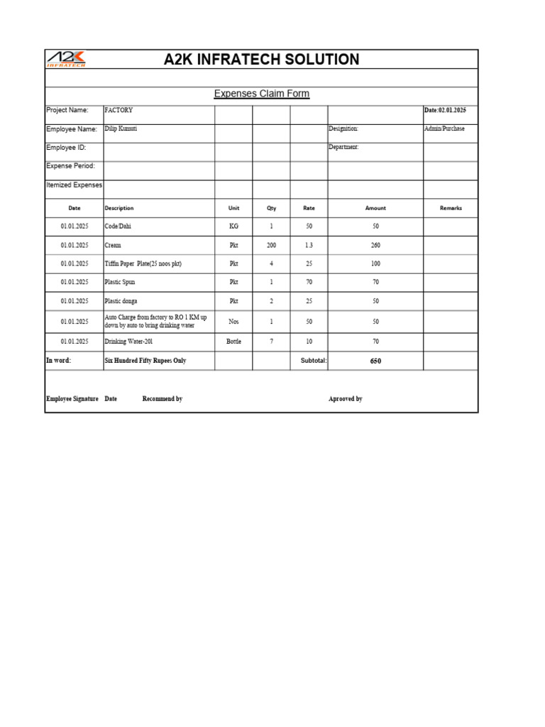 A2K Infratech Solution: Expenses Claim Form | PDF