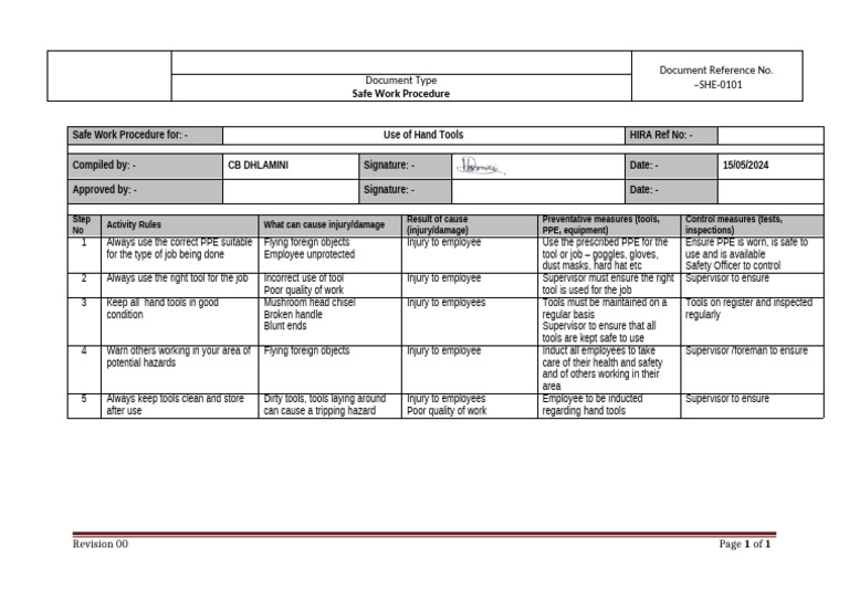SWP-SHE-005 Use of Hand Tools | PDF | Personal Protective Equipment ...
