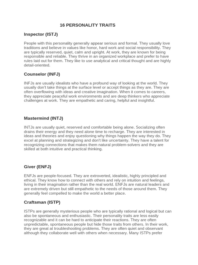 16 PERSONALITY TRAITS | PDF | Thought | Rationality