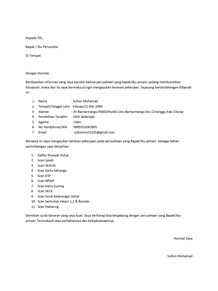 CV + Berkas Lamaran Sulton Muhamad | PDF