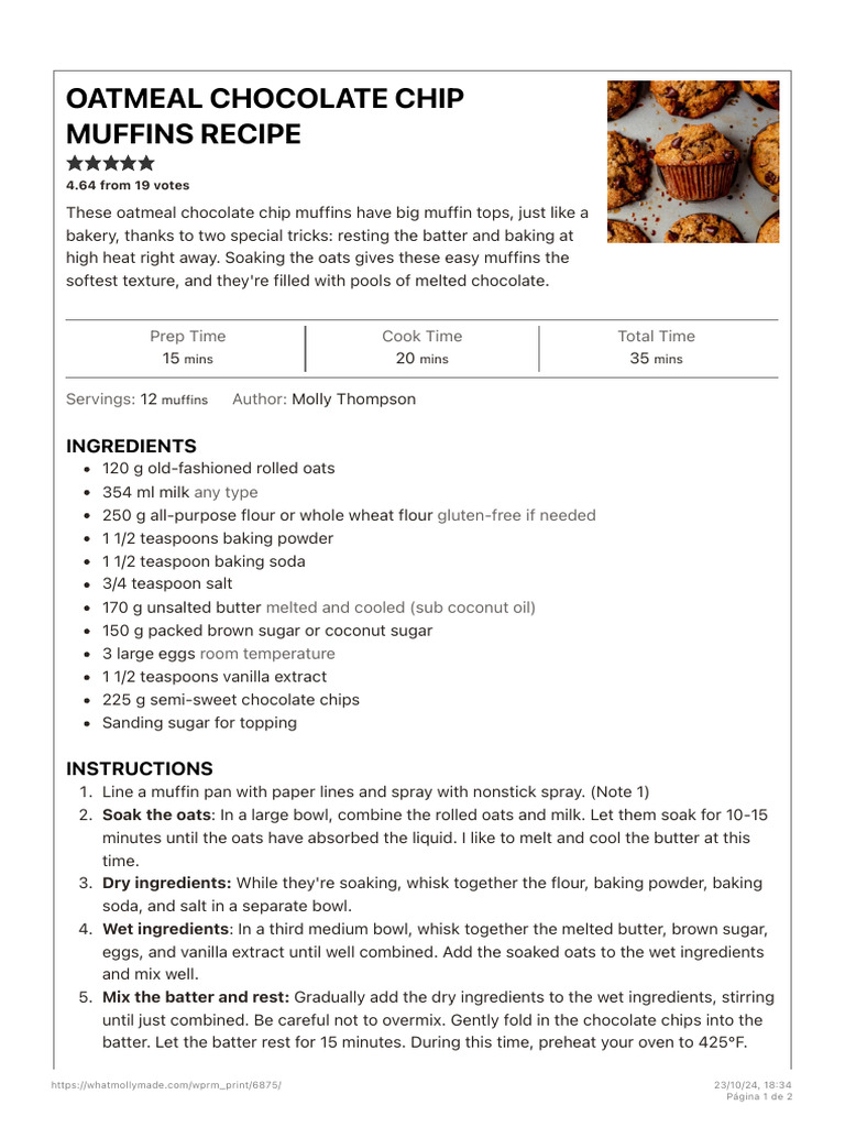 Bakery-Style Oatmeal Chocolate Chip Muffins | PDF | Muffin | Fat