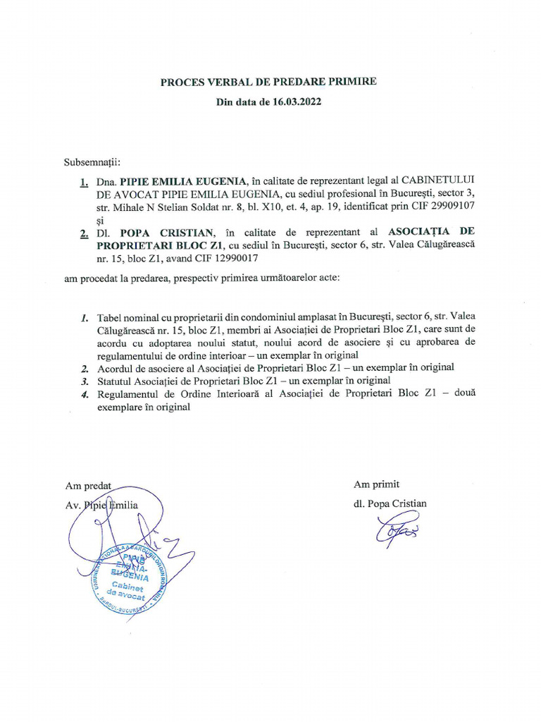 Proces Verbal Predare Primire Acte Asociatie | PDF