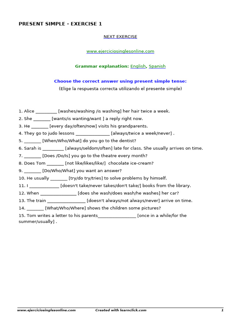 Presente Simple - Ejercicio 1 | PDF