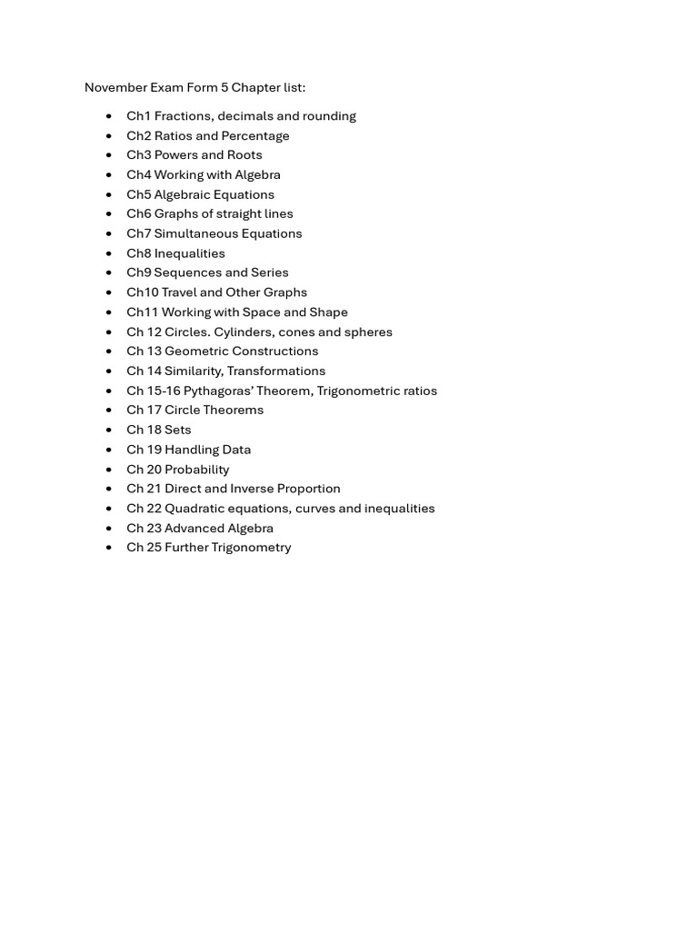 November Exam Form 5 Chapter List | PDF