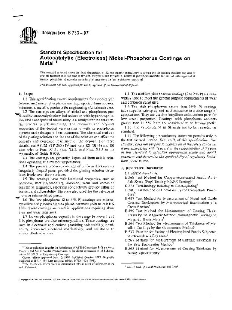 ASTM B733 Electroless Nickel Plating | PDF | Corrosion | Metals