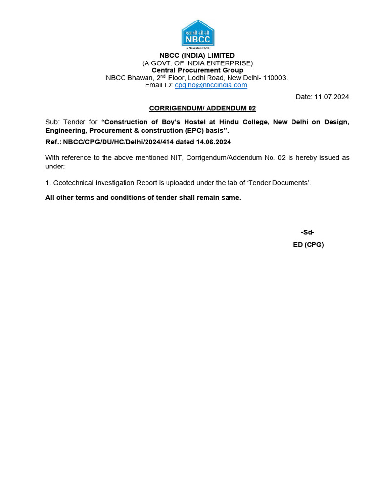 NBCC Tender Addendum for Boy's Hostel | PDF
