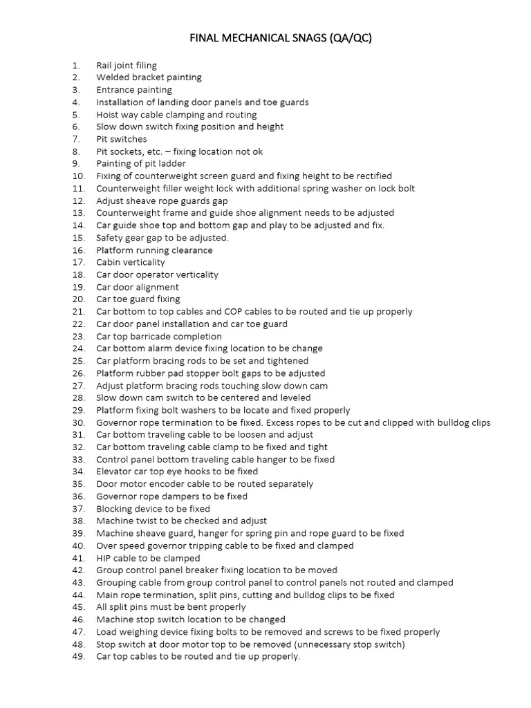 Final Mechanical QA-QC Snags | PDF | Screw | Elevator