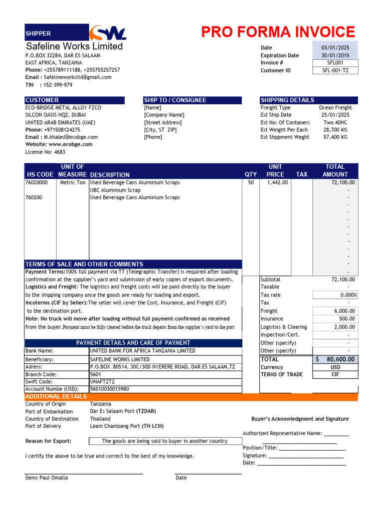 PROFORMA INVOICE UBC SCRAP CONFIRMED VERSION | PDF | Invoice | Cargo