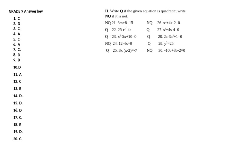 GRADE 9 Answer Key | PDF