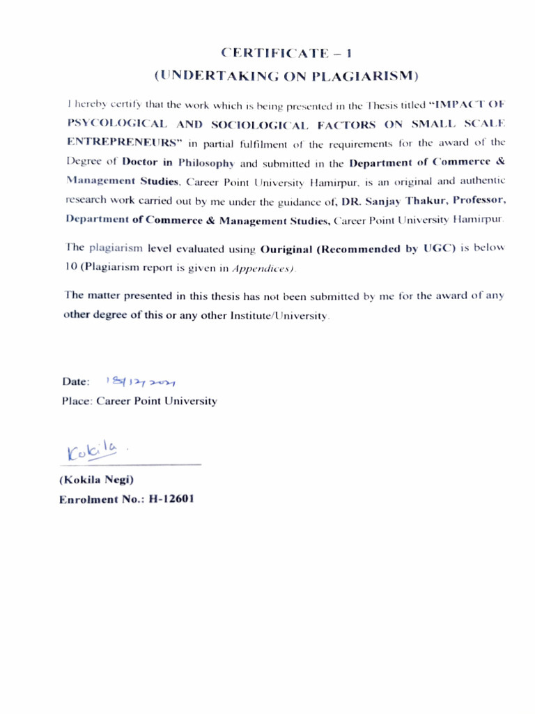 Plagiarism Undertaking Certificate for Thesis | PDF