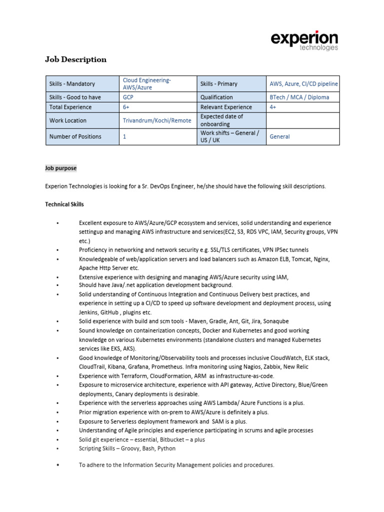 JD - Senior DevOps Engineer | PDF | Cloud Computing | Computer Security