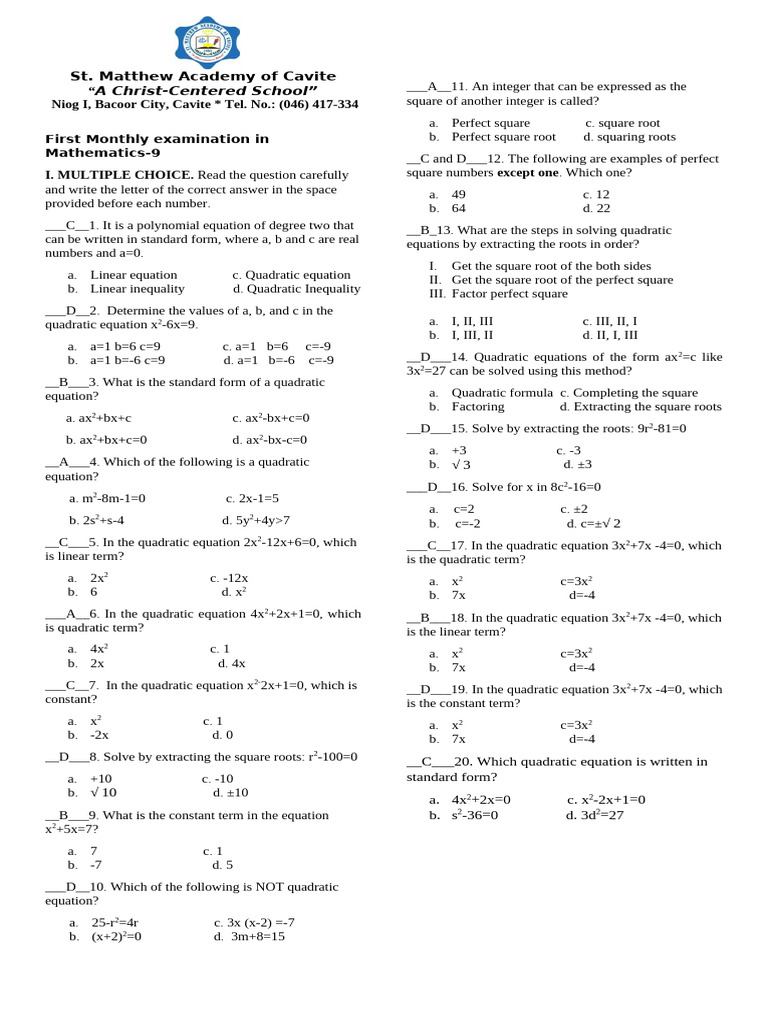 Grade 9 Mathematics (First Monthly Exam) | PDF | Factorization ...