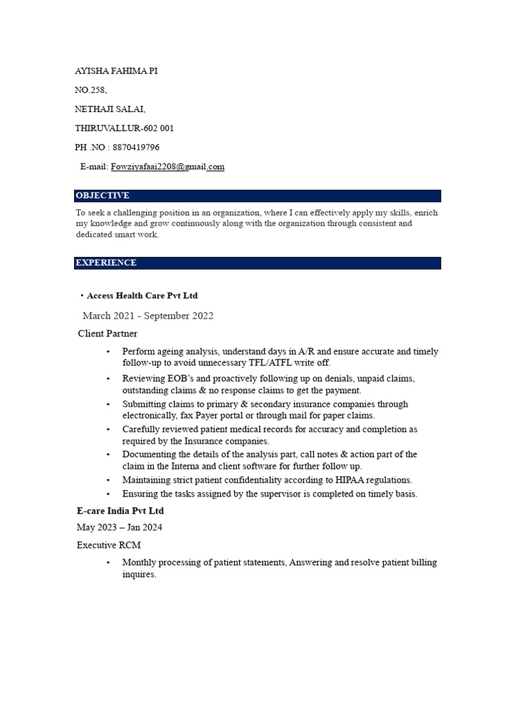 Resume 2024 - Ayisha Fahima | PDF | Health Care | Social Programs
