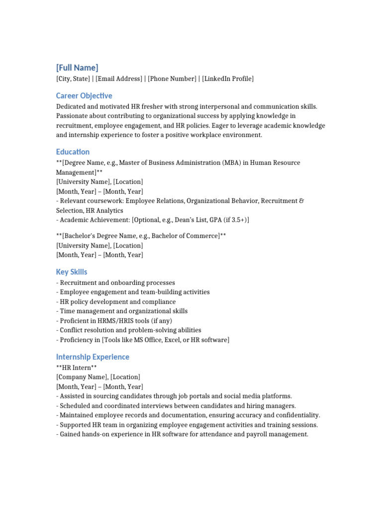 HR Fresher Resume Template | PDF