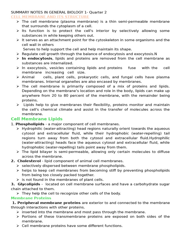 Summary Notes in General Biology 1 | PDF | Cell Membrane | Enzyme