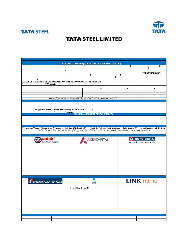 Tata Steel Limited Letter of Offer | PDF | Securities (Finance) | Stocks