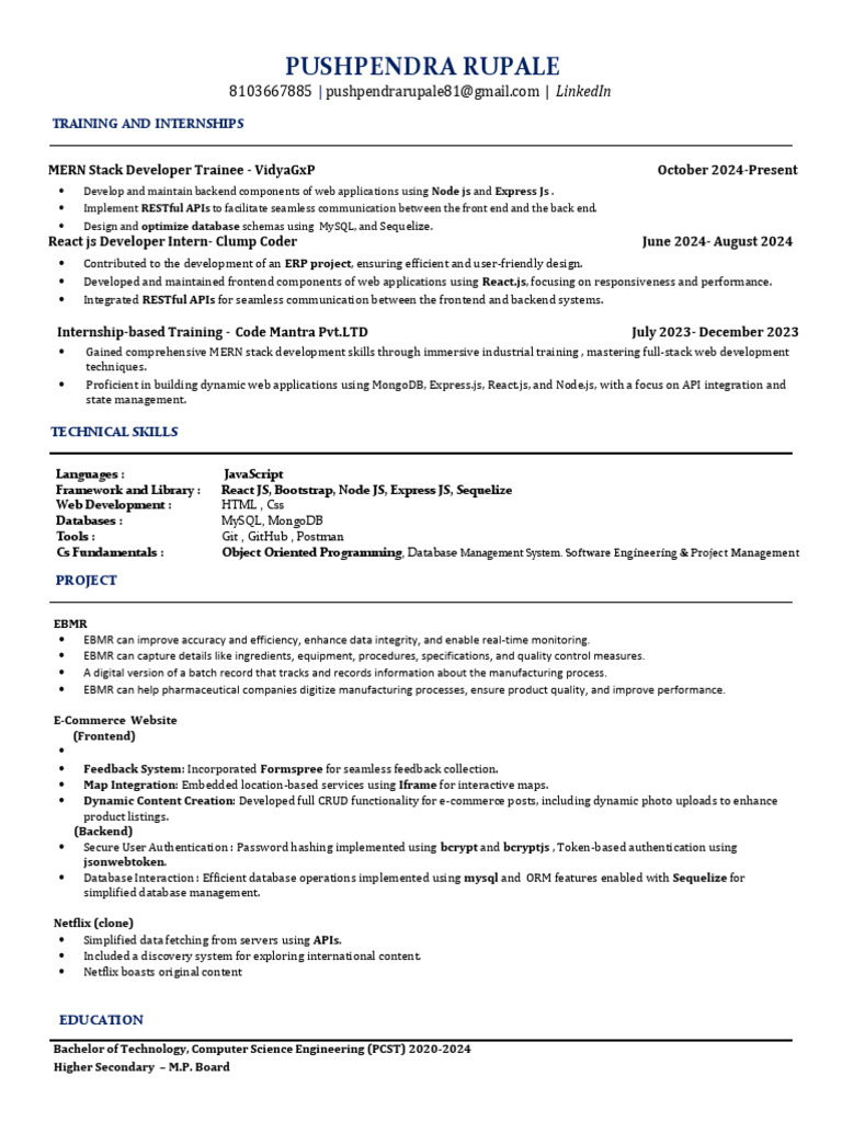 Resume Pushpendra Rupale | PDF | Web Development | Databases