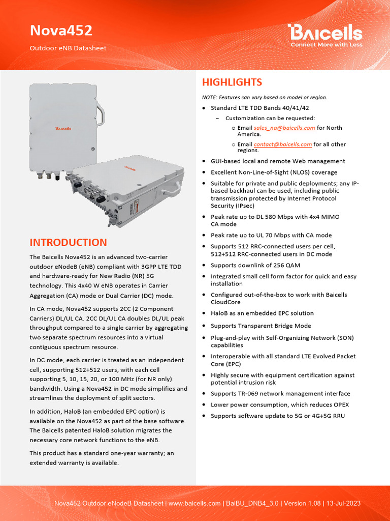 Baicells Nova452 Outdoor eNodeB Datasheet | PDF | I Pv6 | Lte (Telecommunication)