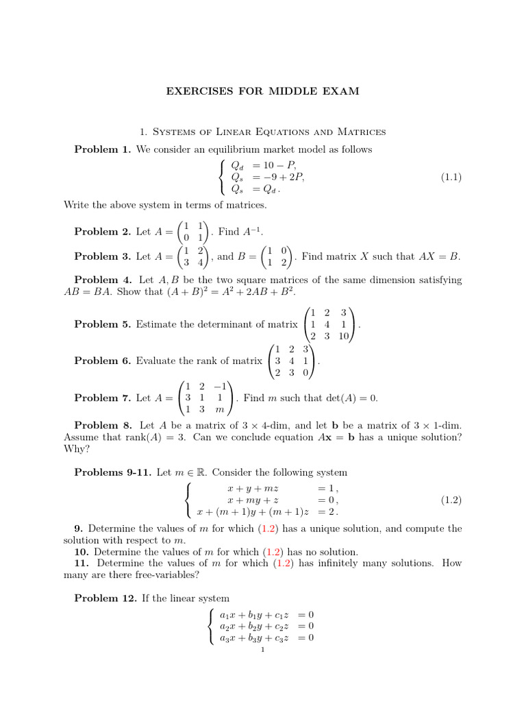 Exercises for Middle Exam | PDF | Matrix (Mathematics) | Algebra