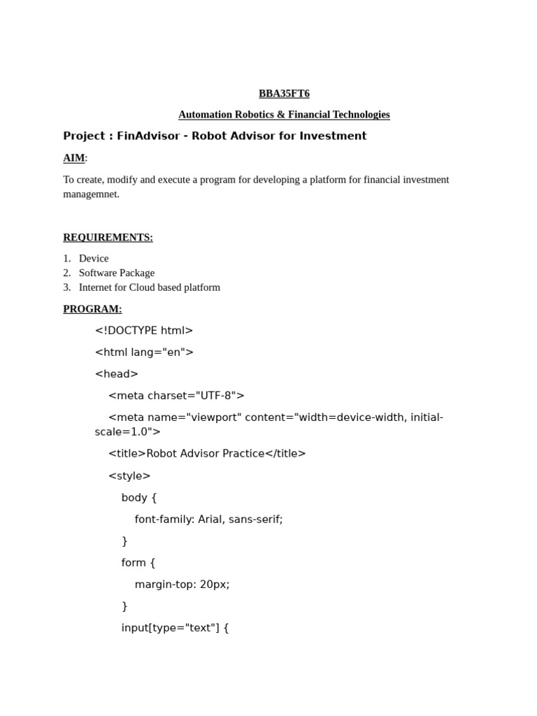 LabManual BBA35FT6 RobotAdvisorSample | PDF | Computer Engineering ...