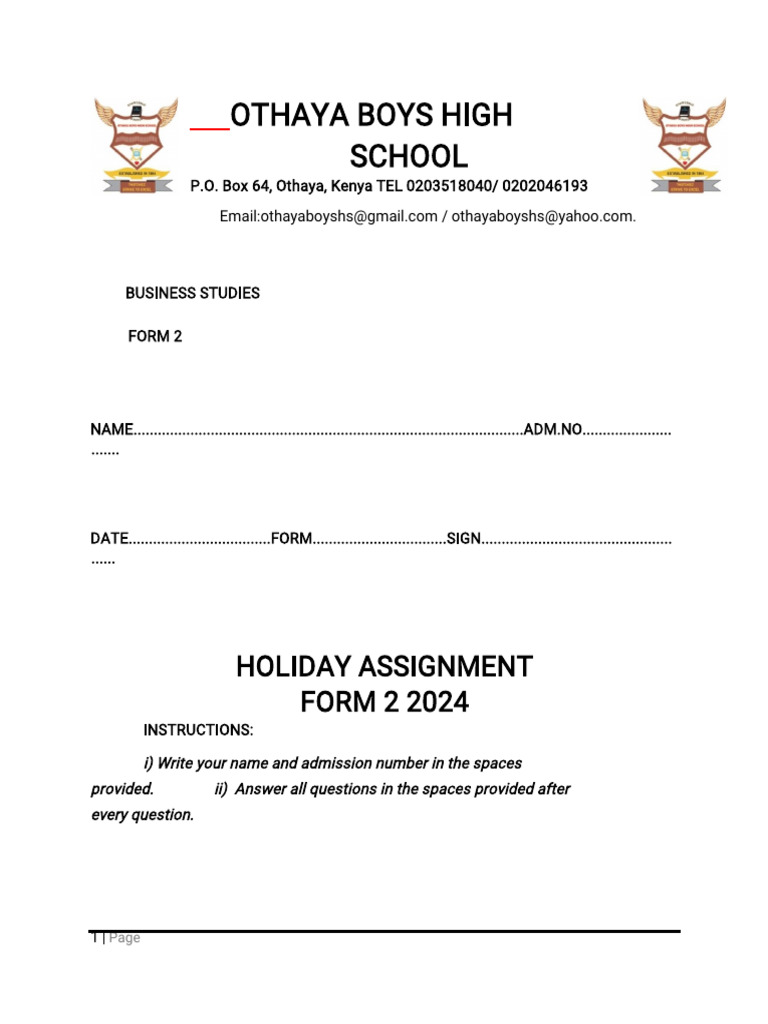 Form 2 Business Studies Holiday Assignment | PDF | Insurance | Mail