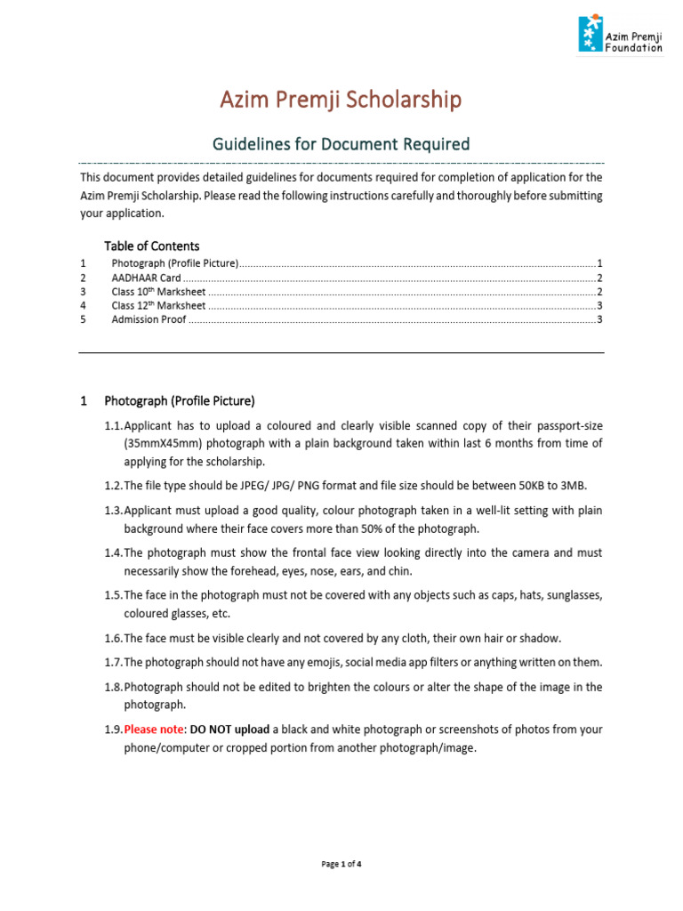 Azim Premji Scholarship Document Guideline English | PDF | Photograph ...