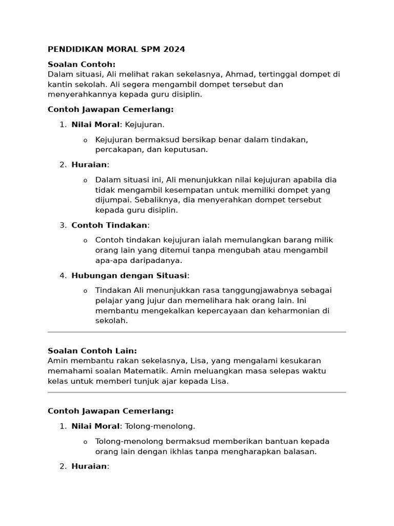 Pendidikan Moral SPM 2024 Latihan Cadangan Jawapan Cemerlang | PDF
