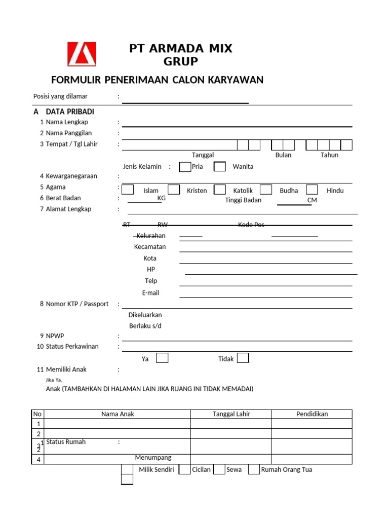Formulir Penerimaan Karyawan Armada Mix | PDF