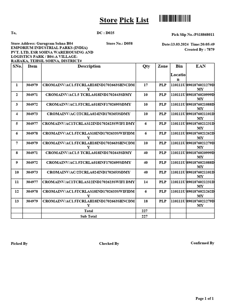 PIckslip PDF BOM | PDF