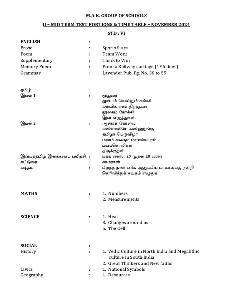 Std. Vi - Ii - Mid Term Portions & Time Table | PDF