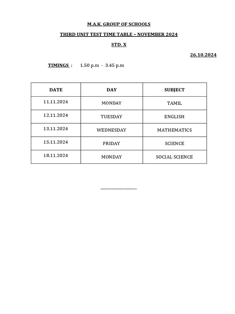 Grade 10 Exam Schedule Nov 2024 | PDF