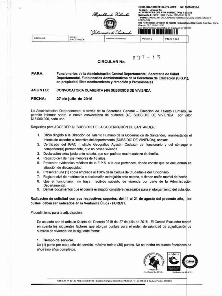 Circular Interna #037-2015 | PDF