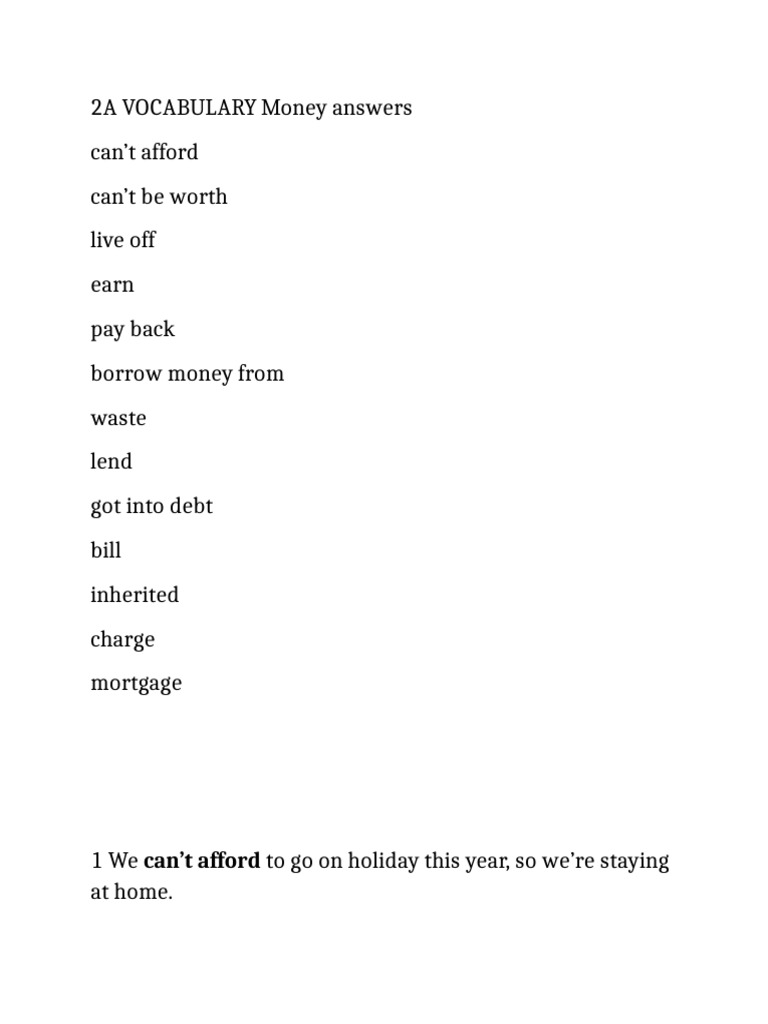 Money Vocabulary A2 Answers | PDF