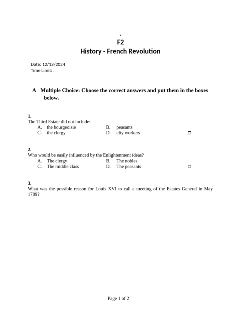 French Revolution Quiz Questions | PDF
