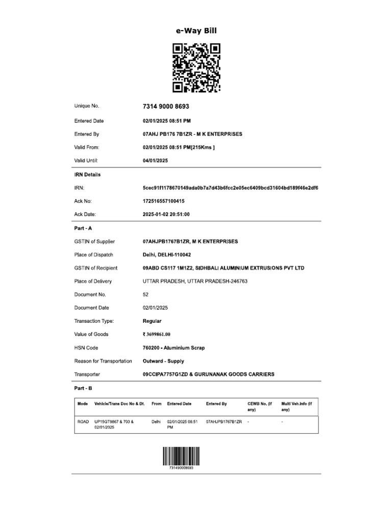 Sid E-Way Bill 2-1-25 | PDF
