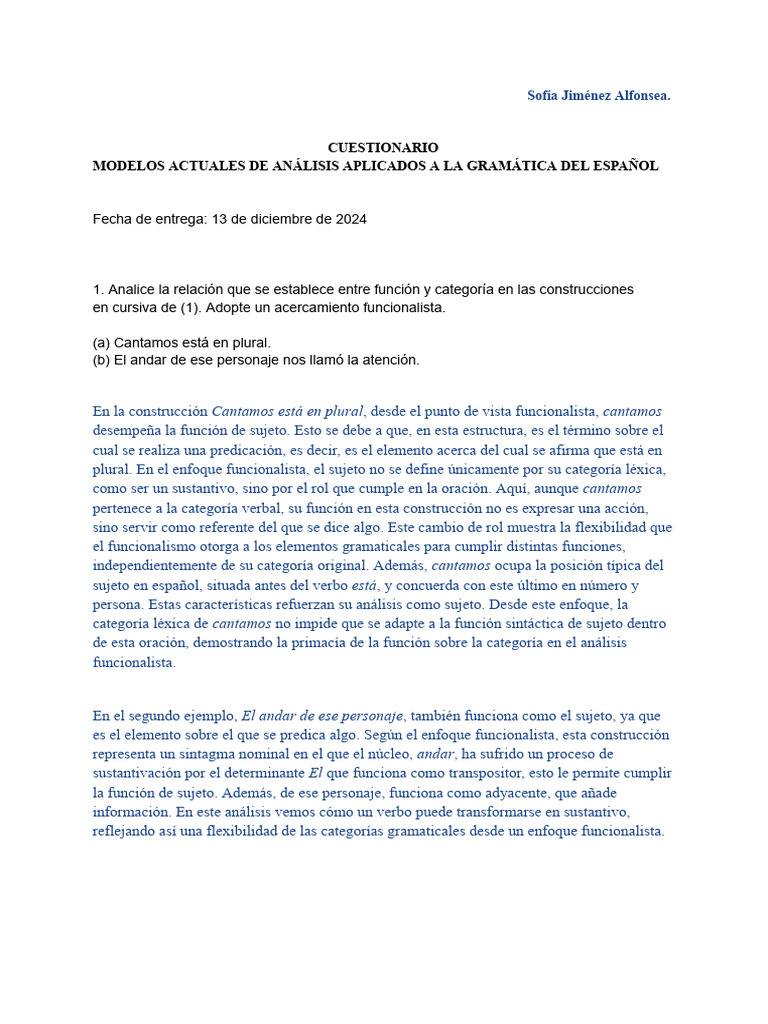 Cuestionario Modelos. Sofía Jiménez Alfonsea | PDF | Asunto (gramática) | Adjetivo