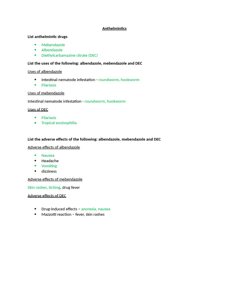 Anthelmintic Drugs: Uses & Side Effects | PDF