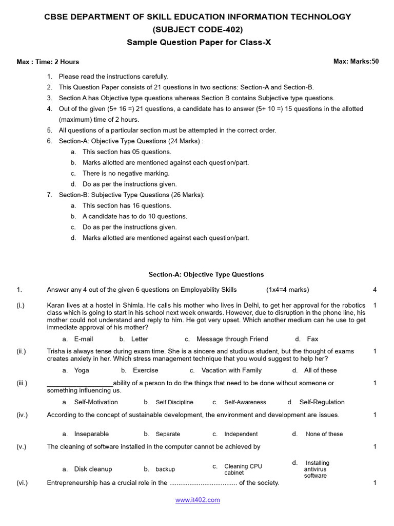Sample Question Paper For Class-X IT 402 Question Paper IT402 | PDF | Databases | Relational ...