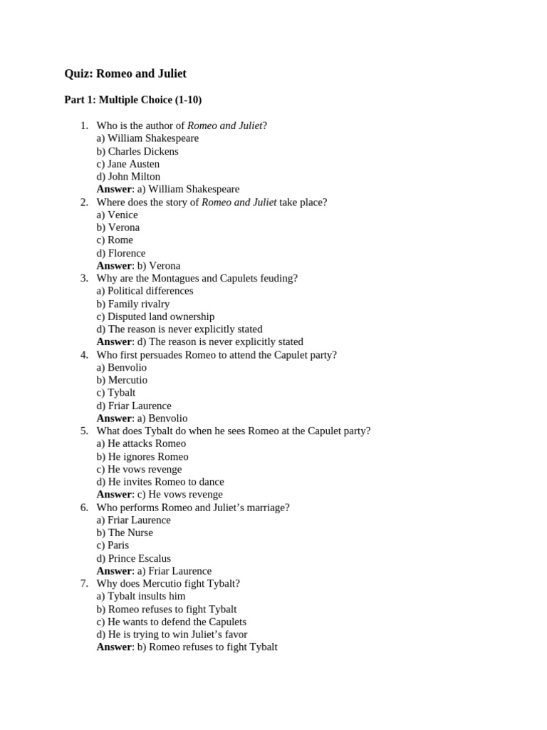 Romeo and Juliet Quiz | PDF