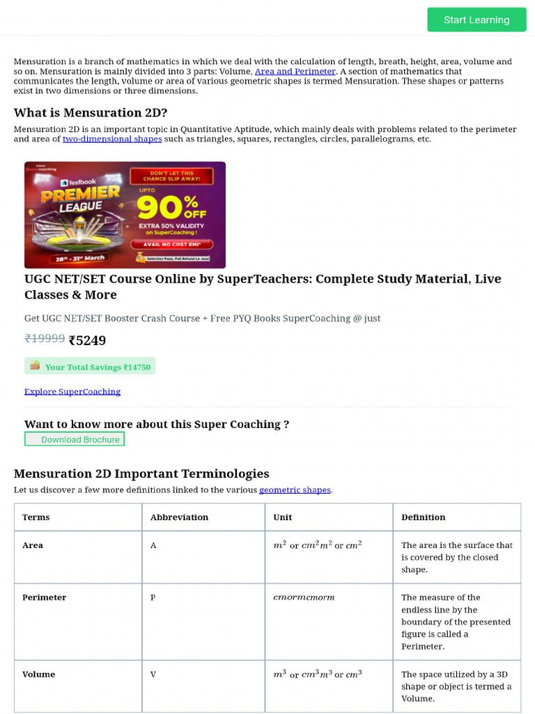 Mensuration 2D Shapes, Formulas, Properties With Examples | PDF