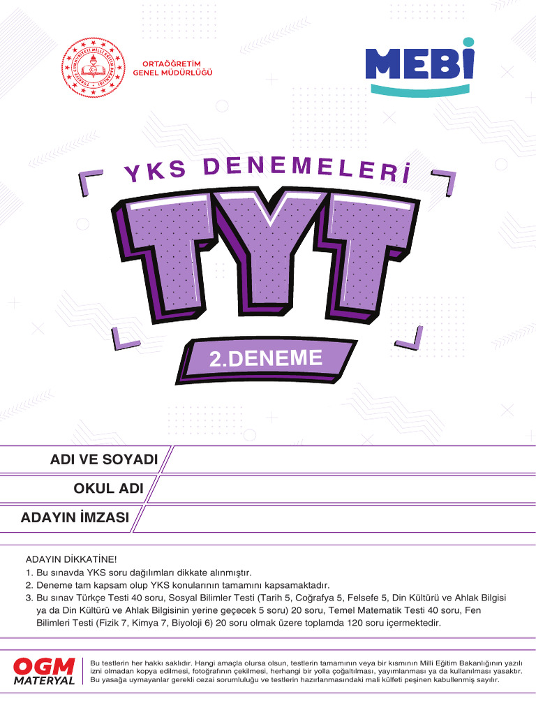 MEBİ TYT 2 Denem Sınavı | PDF
